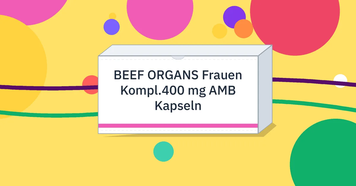 Symbolbild: Packung mit der Aufschrift BEEF ORGANS Frauen Kompl.400 mg AMB Kapseln (PZN 19540348) – Verfügbarkeit und Bezug in Apotheken in Frankfurt am Main
