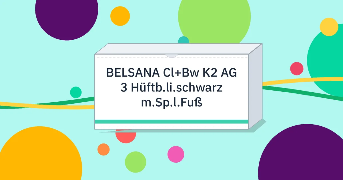 Symbolbild: Packung mit der Aufschrift BELSANA Cl+Bw K2 AG 3 Hüftb.li.schwarz m.Sp.l.Fuß (PZN 12254438) – Verfügbarkeit und Bezug in Apotheken in Frankfurt am Main