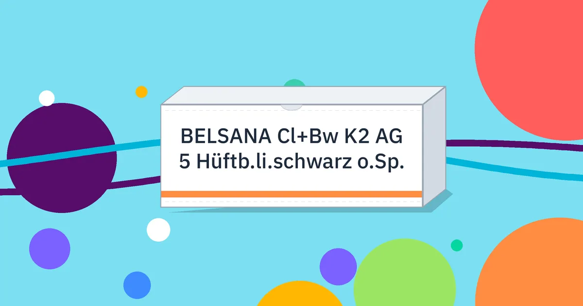 Symbolbild: Packung mit der Aufschrift BELSANA Cl+Bw K2 AG 5 Hüftb.li.schwarz o.Sp. (PZN 12254970) – Verfügbarkeit und Bezug in Apotheken in Frankfurt am Main