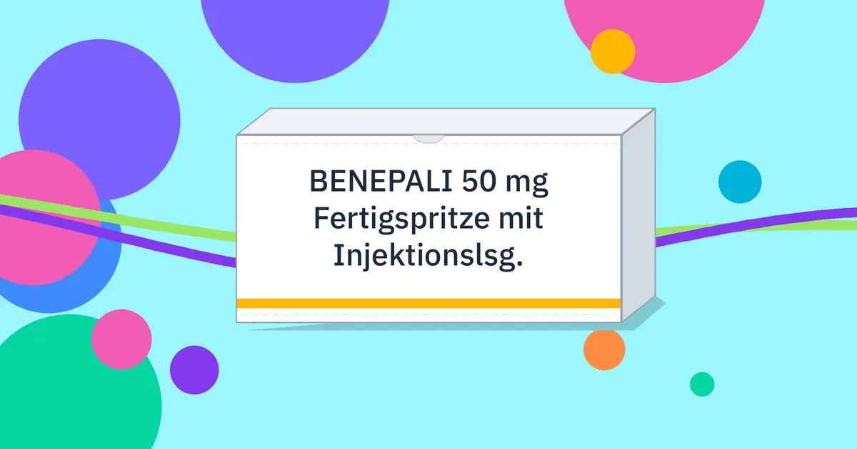Symbolbild: Packung mit der Aufschrift BENEPALI 50 mg Fertigspritze mit Injektionslsg. (PZN 15620062) – Verfügbarkeit und Bezug in Apotheken in Frankfurt am Main