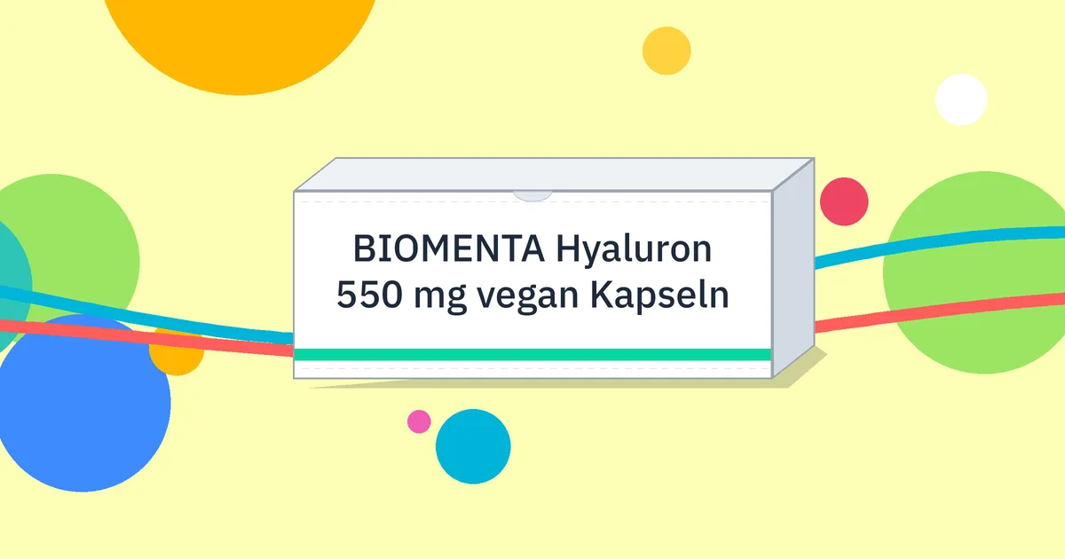 Symbolbild: Packung mit der Aufschrift BIOMENTA Hyaluron 550 mg vegan Kapseln (PZN 18097738) – Verfügbarkeit und Bezug in Apotheken in Frankfurt am Main