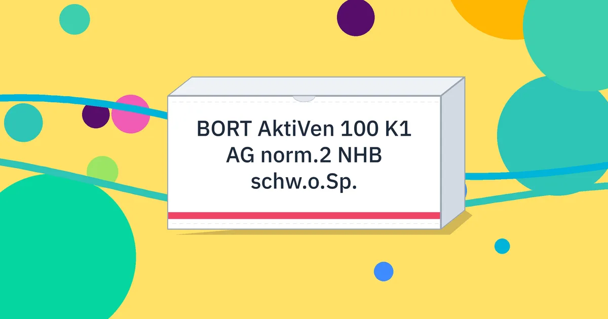 Symbolbild: Packung mit der Aufschrift BORT AktiVen 100 K1 AG norm.2 NHB schw.o.Sp. (PZN 14387534) – Verfügbarkeit und Bezug in Apotheken in Frankfurt am Main
