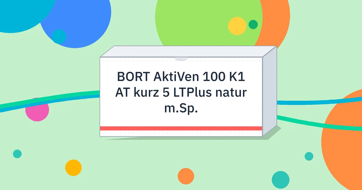 Symbolbild: Packung mit der Aufschrift BORT AktiVen 100 K1 AT kurz 5 LTPlus natur m.Sp. (PZN 18175668) – Verfügbarkeit und Bezug in Apotheken in Frankfurt am Main