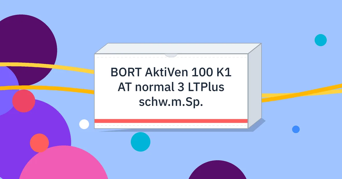Symbolbild: Packung mit der Aufschrift BORT AktiVen 100 K1 AT normal 3 LTPlus schw.m.Sp. (PZN 18175881) – Verfügbarkeit und Bezug in Apotheken in Frankfurt am Main