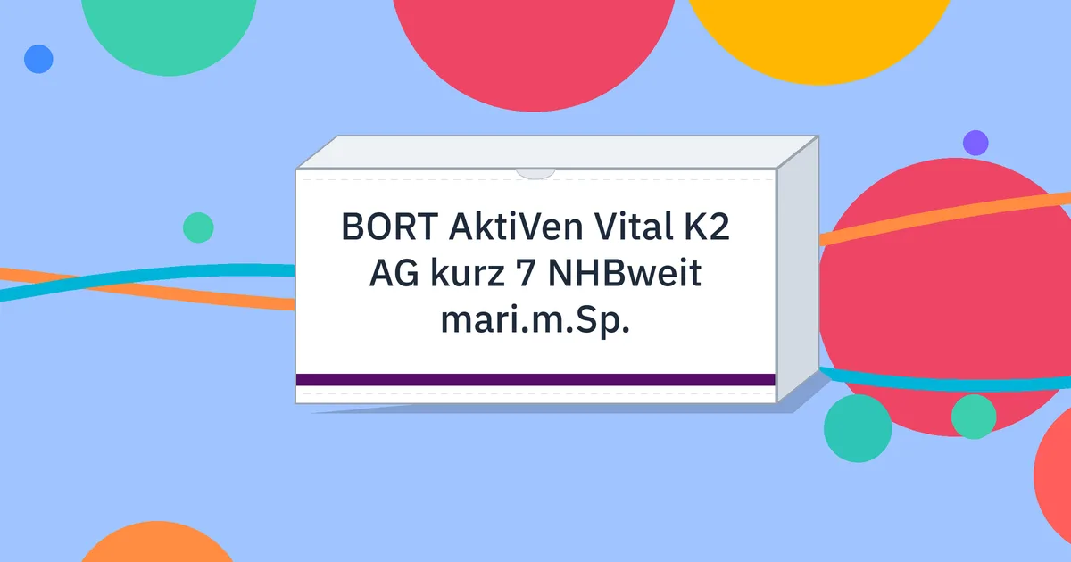 Symbolbild: Packung mit der Aufschrift BORT AktiVen Vital K2 AG kurz 7 NHBweit mari.m.Sp. (PZN 13733419) – Verfügbarkeit und Bezug in Apotheken in Frankfurt am Main