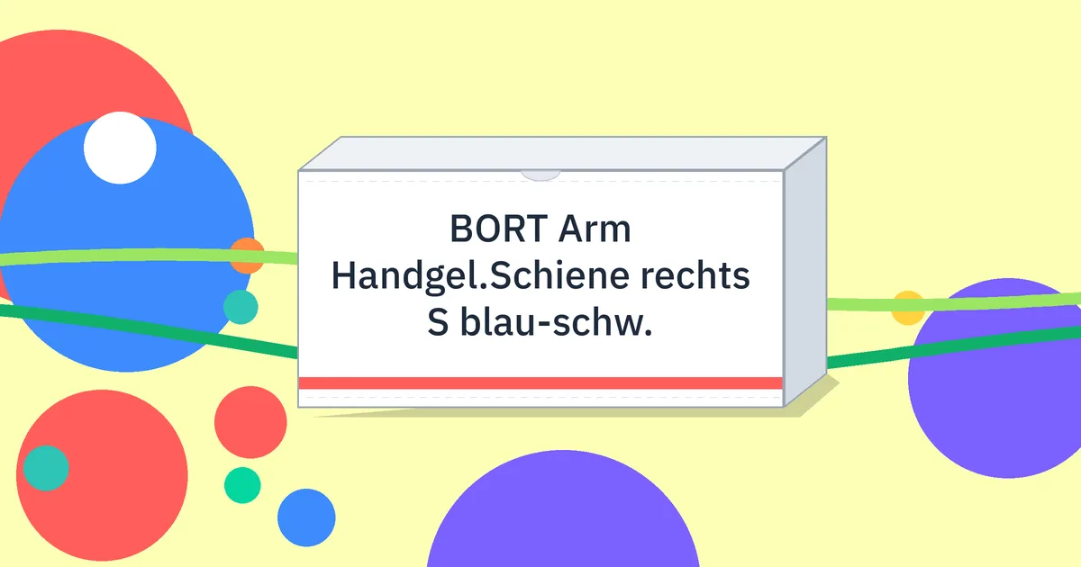 Symbolbild: Packung mit der Aufschrift BORT Arm Handgel.Schiene rechts S blau-schw. (PZN 04195992) – Verfügbarkeit und Bezug in Apotheken in Frankfurt am Main