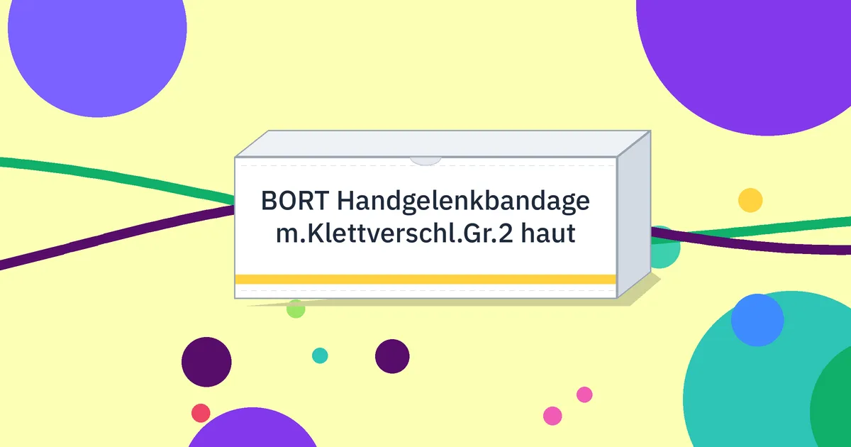 Symbolbild: Packung mit der Aufschrift BORT Handgelenkbandage m.Klettverschl.Gr.2 haut (PZN 02687805) – Verfügbarkeit und Bezug in Apotheken in Frankfurt am Main