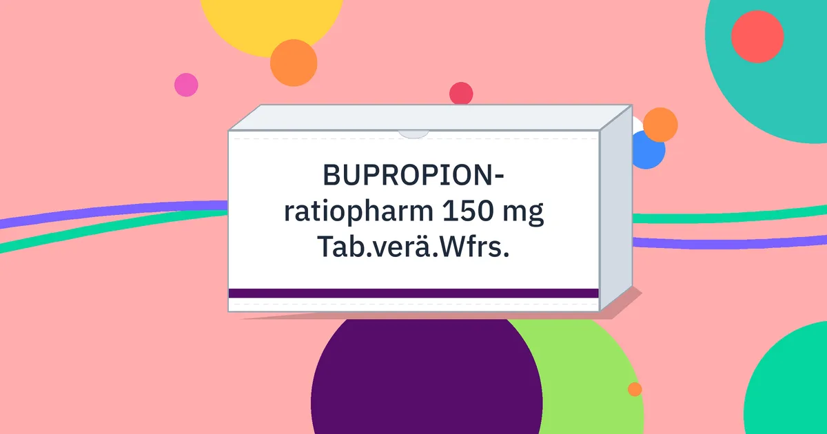 Symbolbild: Packung mit der Aufschrift BUPROPION-ratiopharm 150 mg Tab.verä.Wfrs. (PZN 14308799) – Verfügbarkeit und Bezug in Apotheken in Frankfurt am Main