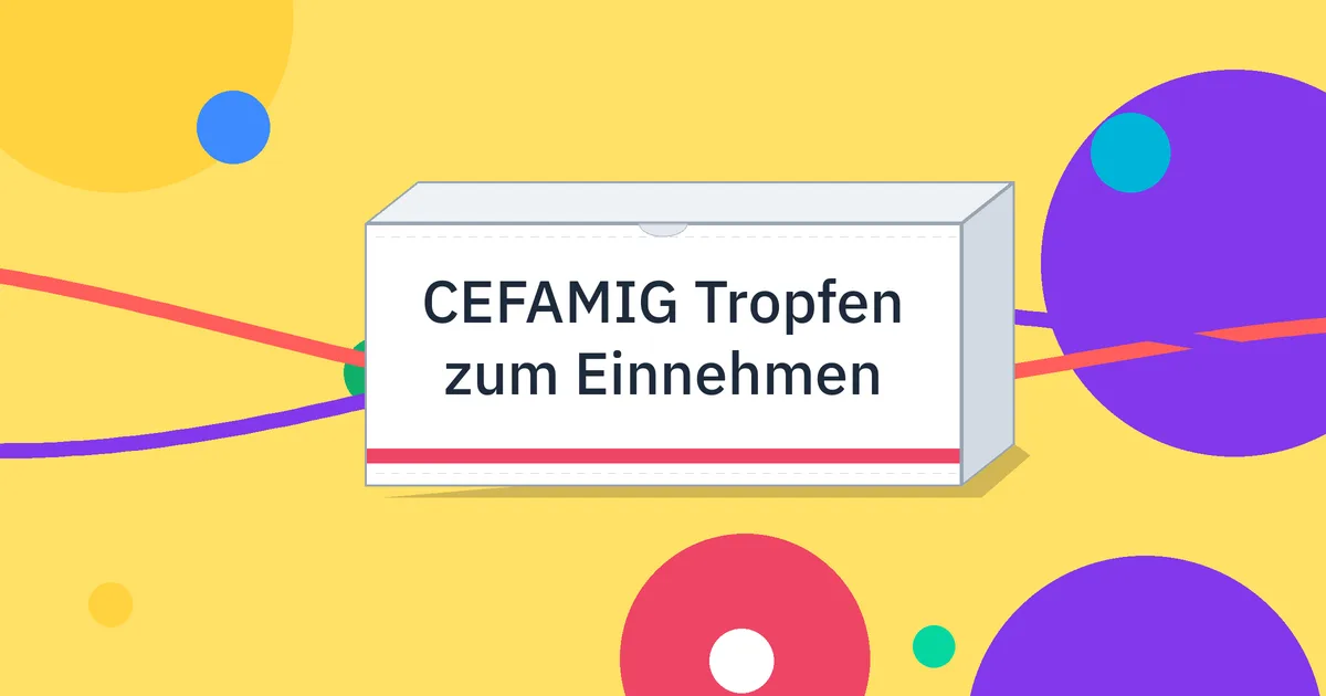 Symbolbild: Packung mit der Aufschrift CEFAMIG Tropfen zum Einnehmen (PZN 11296009) – Verfügbarkeit und Bezug in Apotheken in Frankfurt am Main