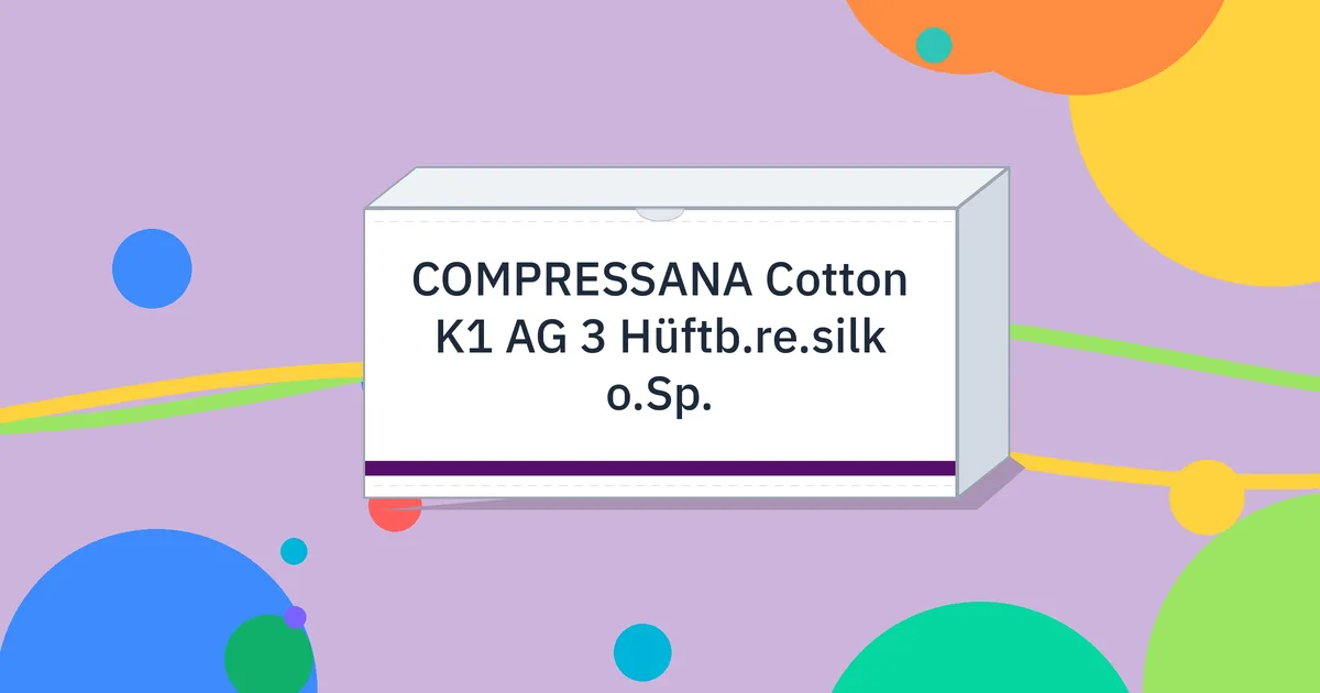 Symbolbild: Packung mit der Aufschrift COMPRESSANA Cotton K1 AG 3 Hüftb.re.silk o.Sp. (PZN 12980541) – Verfügbarkeit und Bezug in Apotheken in Frankfurt am Main