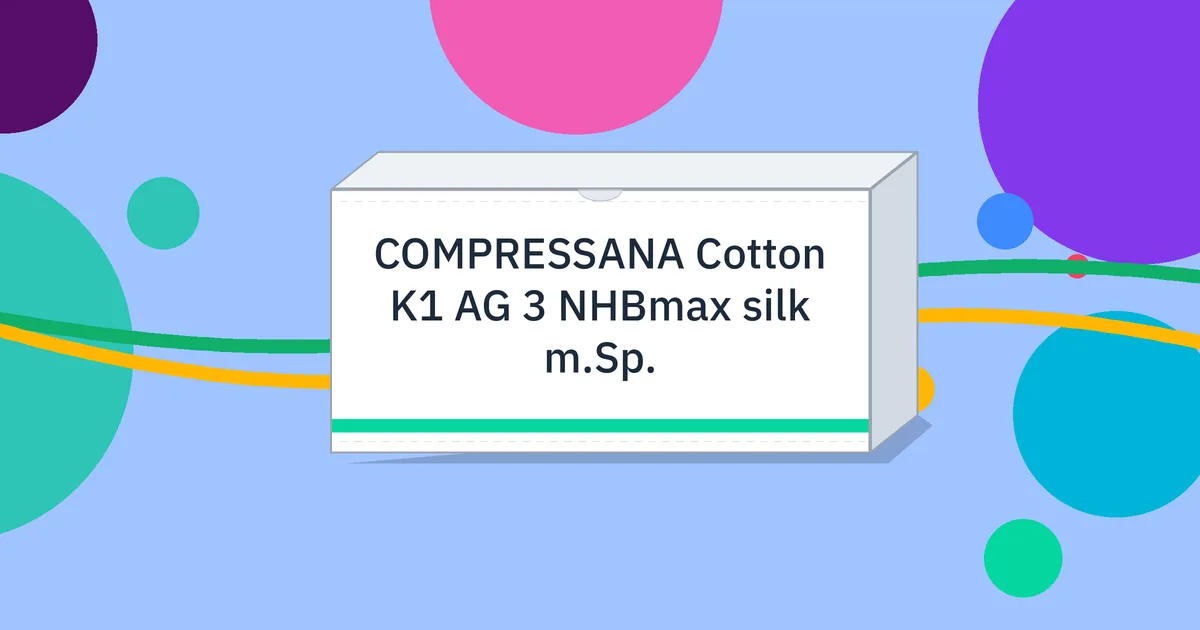 Symbolbild: Packung mit der Aufschrift COMPRESSANA Cotton K1 AG 3 NHBmax silk m.Sp. (PZN 11393132) – Verfügbarkeit und Bezug in Apotheken in Frankfurt am Main