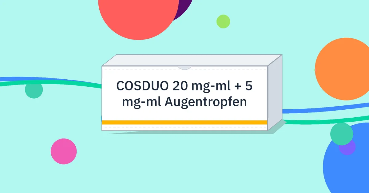 Symbolbild: Packung mit der Aufschrift COSDUO 20 mg-ml + 5 mg-ml Augentropfen (PZN 13245654) – Verfügbarkeit und Bezug in Apotheken in Frankfurt am Main