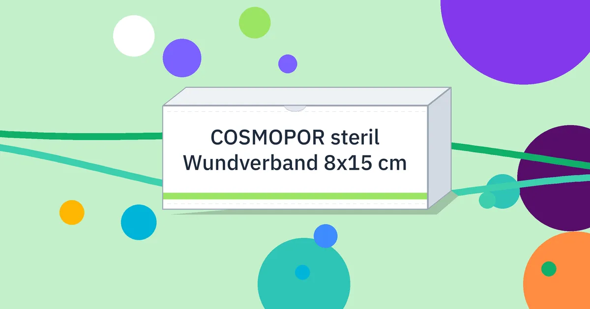 Symbolbild: Packung mit der Aufschrift COSMOPOR steril Wundverband 8x15 cm (PZN 15782379) – Verfügbarkeit und Bezug in Apotheken in Frankfurt am Main