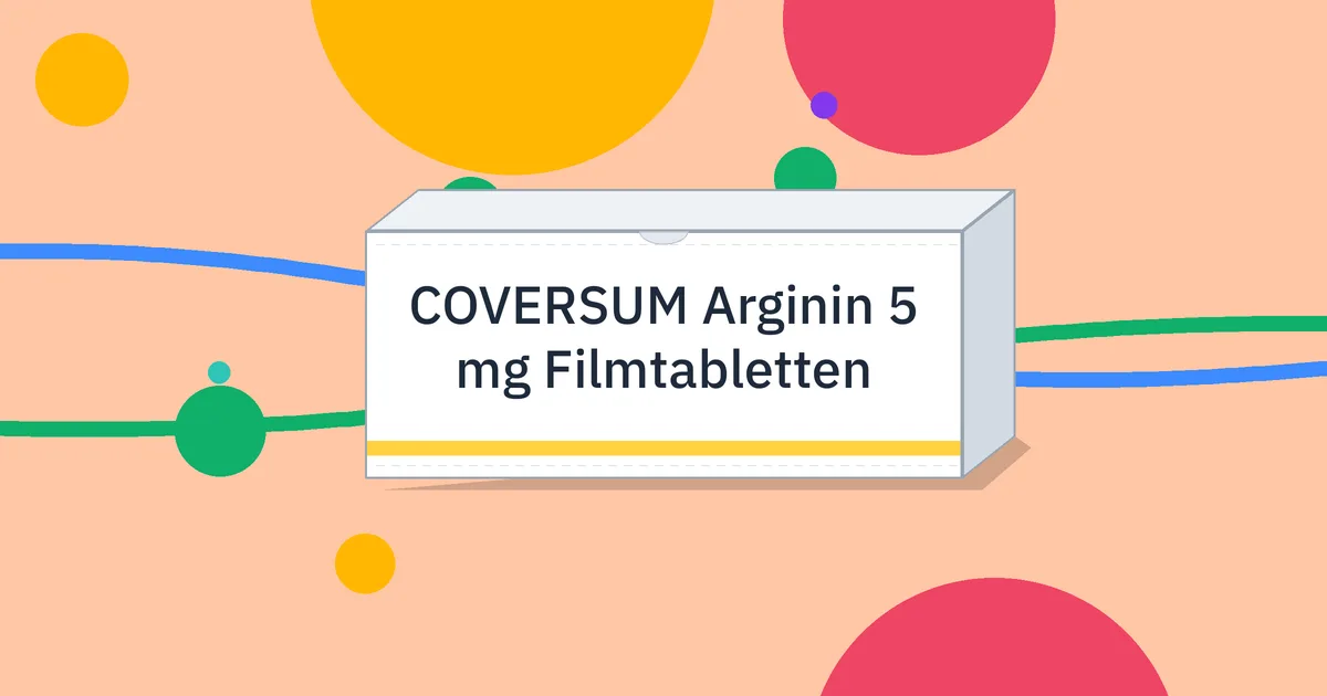 Symbolbild: Packung mit der Aufschrift COVERSUM Arginin 5 mg Filmtabletten (PZN 10032610) – Verfügbarkeit und Bezug in Apotheken in Frankfurt am Main