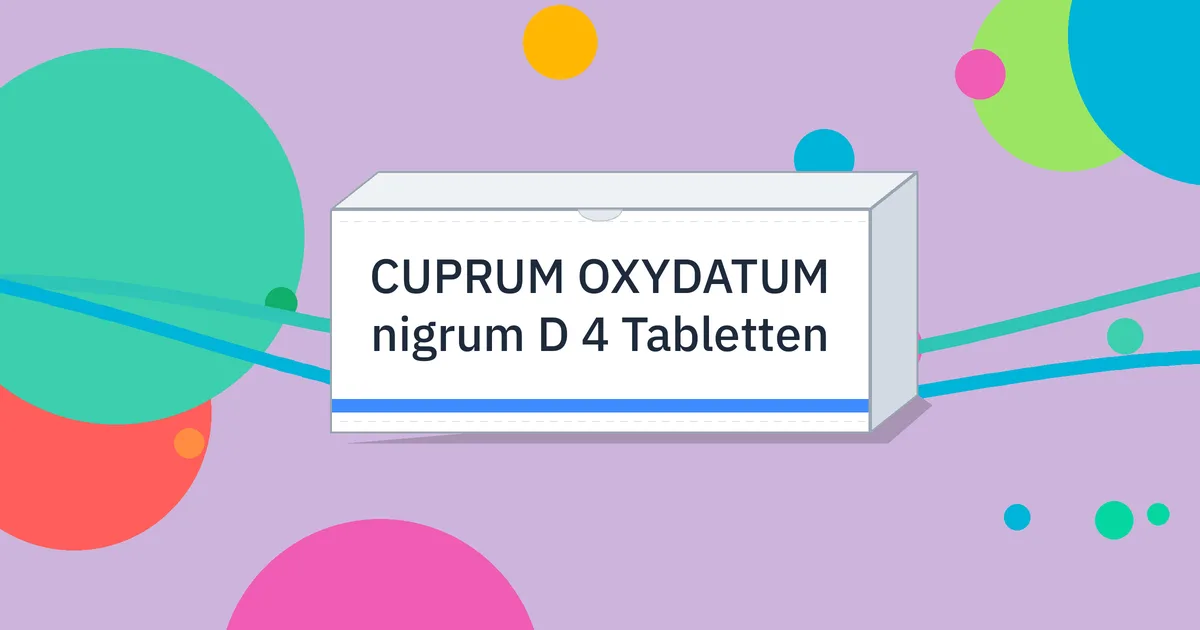 Symbolbild: Packung mit der Aufschrift CUPRUM OXYDATUM nigrum D 4 Tabletten (PZN 04214672) – Verfügbarkeit und Bezug in Apotheken in Frankfurt am Main