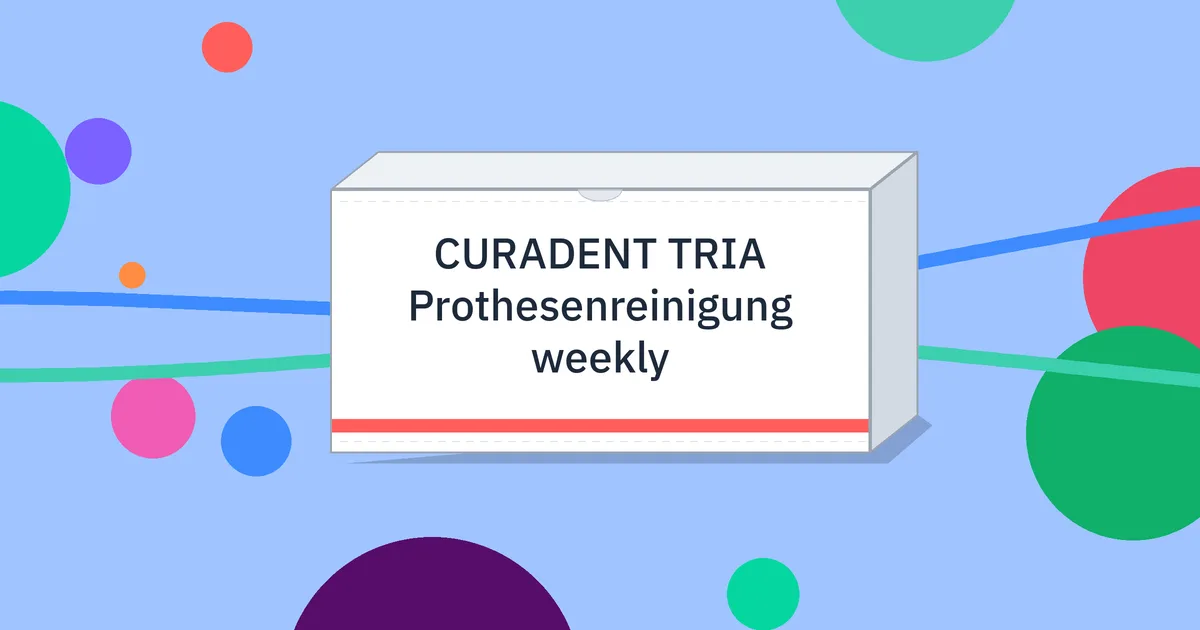 Symbolbild: Packung mit der Aufschrift CURADENT TRIA Prothesenreinigung weekly (PZN 07194378) – Verfügbarkeit und Bezug in Apotheken in Frankfurt am Main