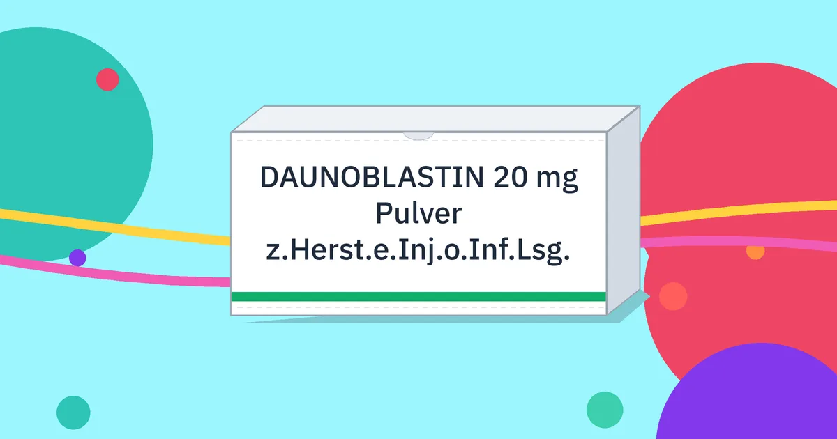 Symbolbild: Packung mit der Aufschrift DAUNOBLASTIN 20 mg Pulver z.Herst.e.Inj.o.Inf.Lsg. (PZN 03197428) – Verfügbarkeit und Bezug in Apotheken in Frankfurt am Main