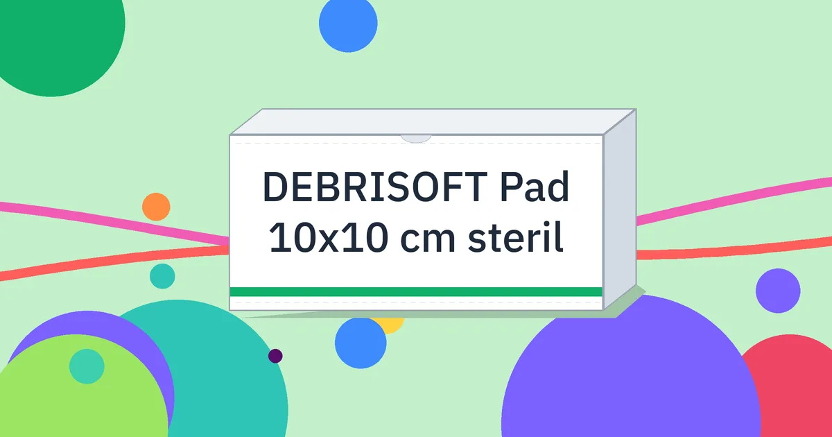 Symbolbild: Packung mit der Aufschrift DEBRISOFT Pad 10x10 cm steril (PZN 17615272) – Verfügbarkeit und Bezug in Apotheken in Frankfurt am Main