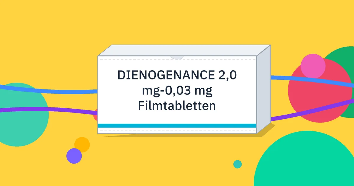 Symbolbild: Packung mit der Aufschrift DIENOGENANCE 2,0 mg-0,03 mg Filmtabletten (PZN 10395005) – Verfügbarkeit und Bezug in Apotheken in Frankfurt am Main