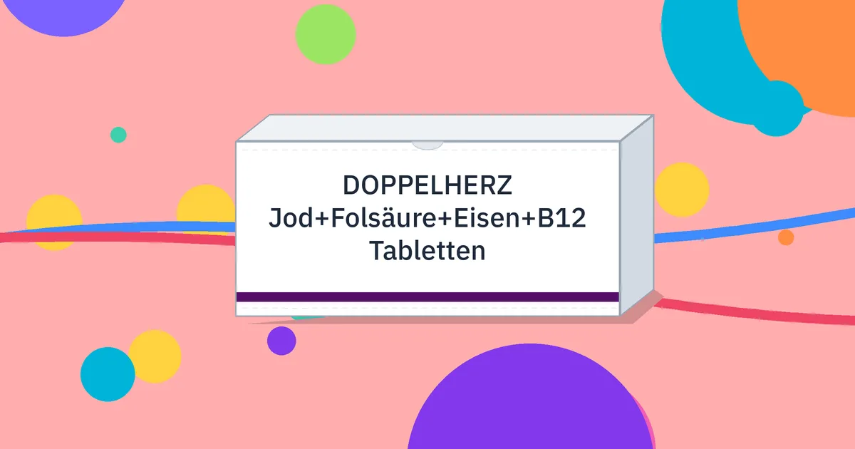 Symbolbild: Packung mit der Aufschrift DOPPELHERZ Jod+Folsäure+Eisen+B12 Tabletten (PZN 16487984) – Verfügbarkeit und Bezug in Apotheken in Frankfurt am Main