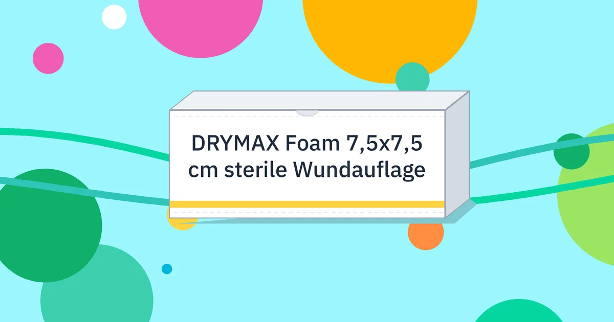 Symbolbild: Packung mit der Aufschrift DRYMAX Foam 7,5x7,5 cm sterile Wundauflage (PZN 17374578) – Verfügbarkeit und Bezug in Apotheken in Frankfurt am Main