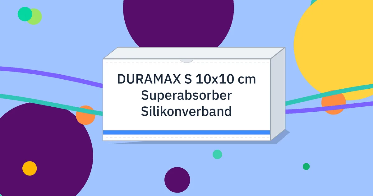 Symbolbild: Packung mit der Aufschrift DURAMAX S 10x10 cm Superabsorber Silikonverband (PZN 19799253) – Verfügbarkeit und Bezug in Apotheken in Frankfurt am Main