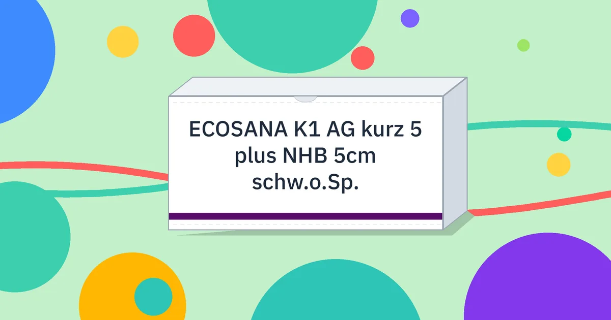 Symbolbild: Packung mit der Aufschrift ECOSANA K1 AG kurz 5 plus NHB 5cm schw.o.Sp. (PZN 04728945) – Verfügbarkeit und Bezug in Apotheken in Frankfurt am Main