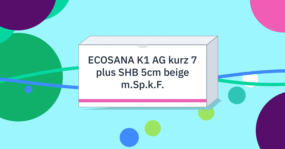 Symbolbild: Packung mit der Aufschrift ECOSANA K1 AG kurz 7 plus SHB 5cm beige m.Sp.k.F. (PZN 04730818) – Verfügbarkeit und Bezug in Apotheken in Frankfurt am Main
