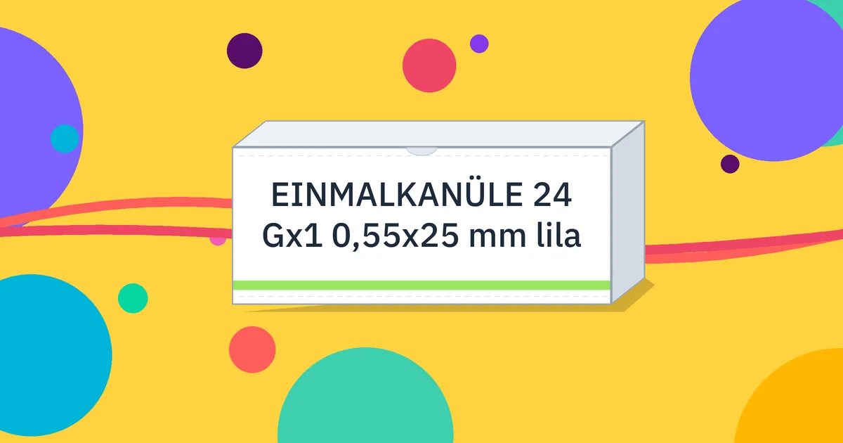 Symbolbild: Packung mit der Aufschrift EINMALKANÜLE 24 Gx1 0,55x25 mm lila (PZN 18717595) – Verfügbarkeit und Bezug in Apotheken in Frankfurt am Main
