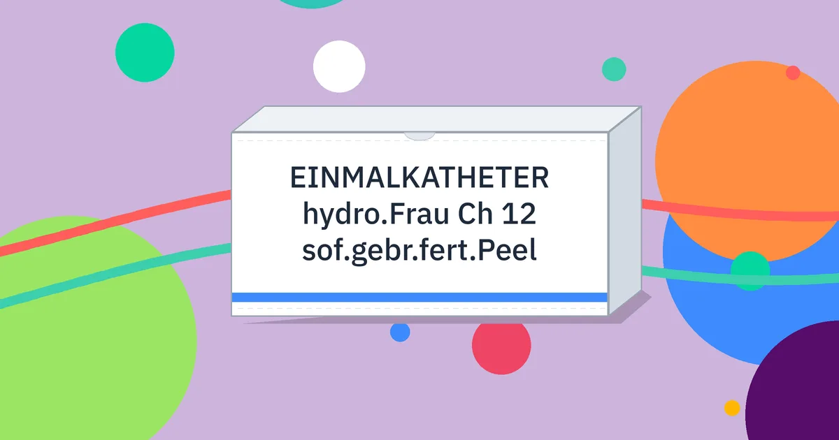 Symbolbild: Packung mit der Aufschrift EINMALKATHETER hydro.Frau Ch 12 sof.gebr.fert.Peel (PZN 14136950) – Verfügbarkeit und Bezug in Apotheken in Frankfurt am Main