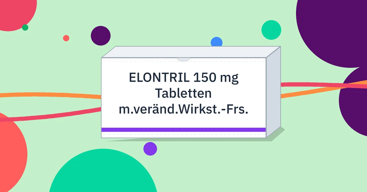 Symbolbild: Packung mit der Aufschrift ELONTRIL 150 mg Tabletten m.veränd.Wirkst.-Frs. (PZN 06474779) – Verfügbarkeit und Bezug in Apotheken in Frankfurt am Main