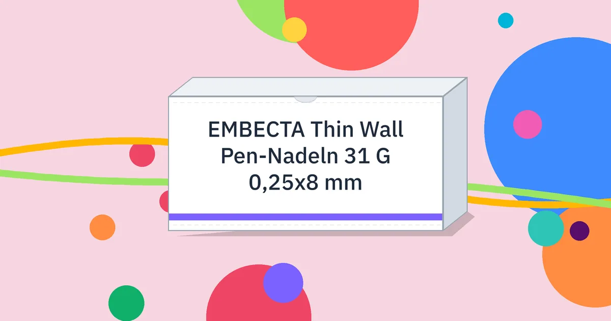 Symbolbild: Packung mit der Aufschrift EMBECTA Thin Wall Pen-Nadeln 31 G 0,25x8 mm (PZN 20826297) – Verfügbarkeit und Bezug in Apotheken in Frankfurt am Main