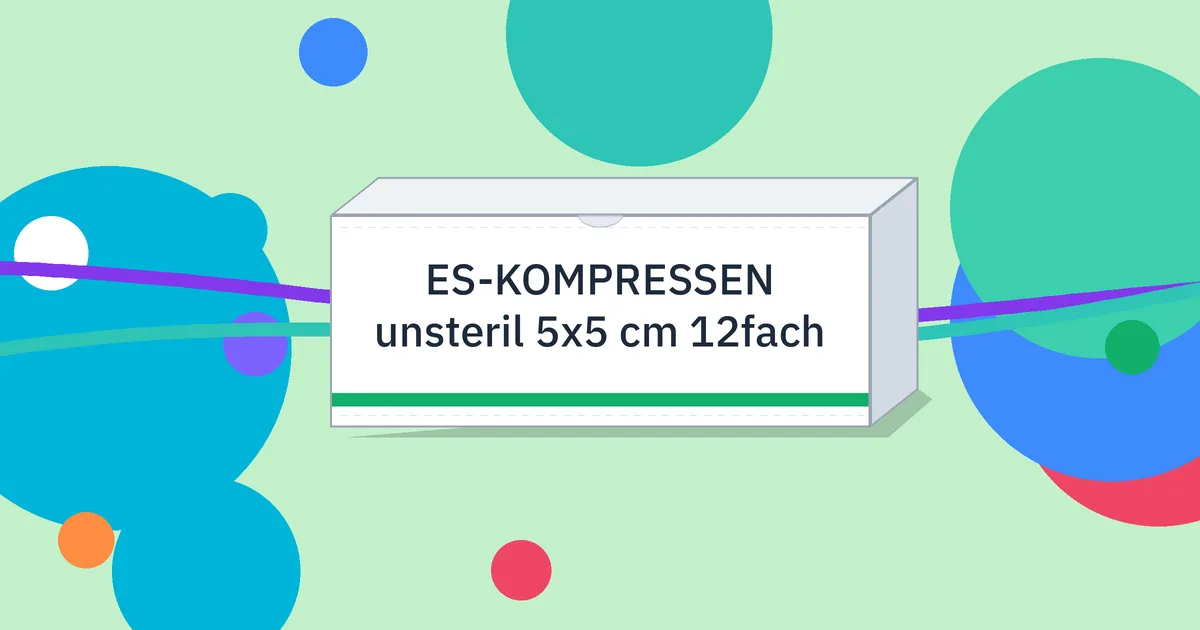 Symbolbild: Packung mit der Aufschrift ES-KOMPRESSEN unsteril 5x5 cm 12fach (PZN 00462083) – Verfügbarkeit und Bezug in Apotheken in Frankfurt am Main