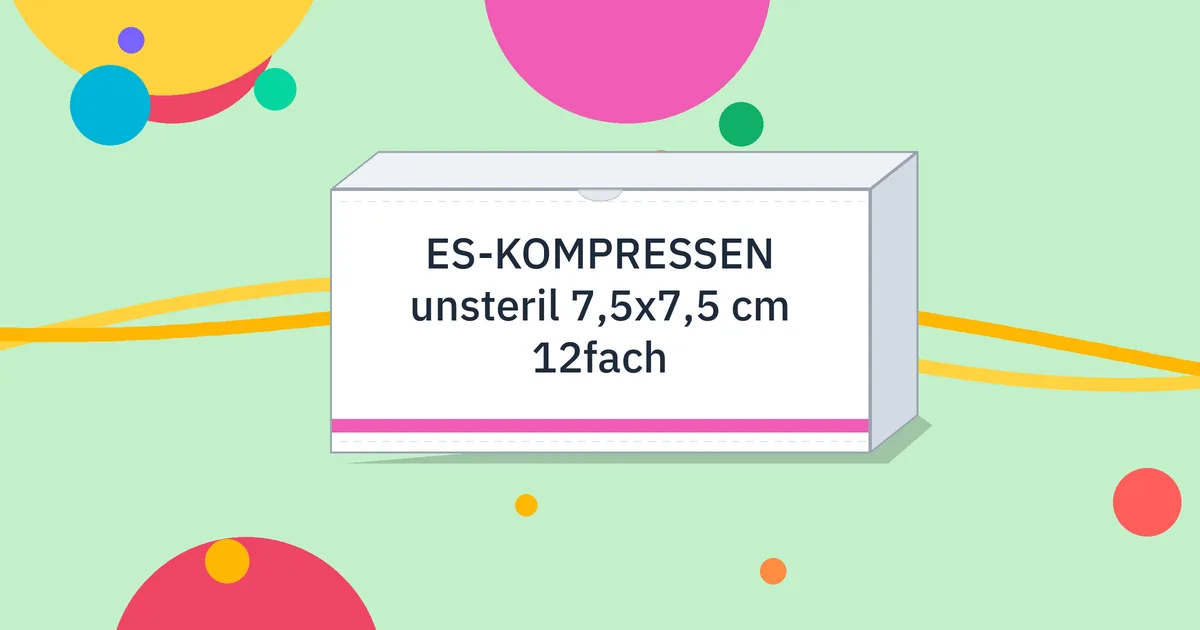 Symbolbild: Packung mit der Aufschrift ES-KOMPRESSEN unsteril 7,5x7,5 cm 12fach (PZN 13652796) – Verfügbarkeit und Bezug in Apotheken in Frankfurt am Main