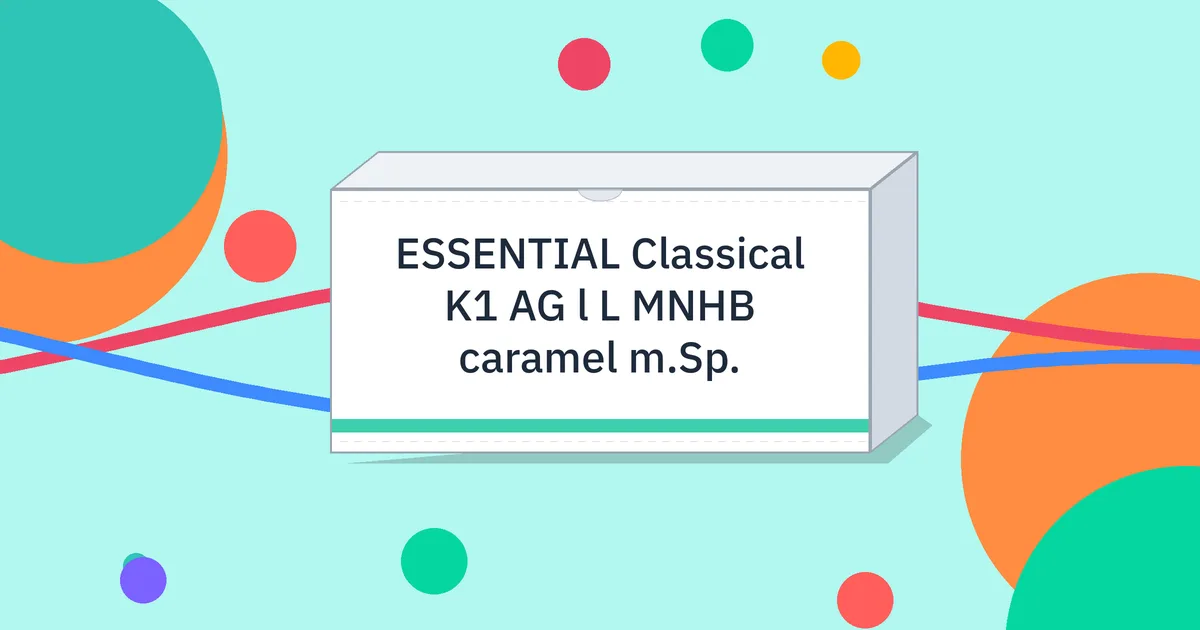 Symbolbild: Packung mit der Aufschrift ESSENTIAL Classical K1 AG l L MNHB caramel m.Sp. (PZN 19321505) – Verfügbarkeit und Bezug in Apotheken in Frankfurt am Main