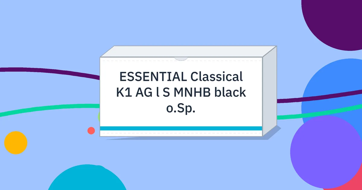 Symbolbild: Packung mit der Aufschrift ESSENTIAL Classical K1 AG l S MNHB black o.Sp. (PZN 19321020) – Verfügbarkeit und Bezug in Apotheken in Frankfurt am Main