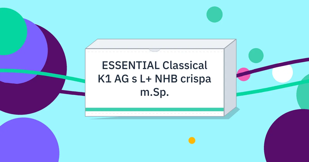 Symbolbild: Packung mit der Aufschrift ESSENTIAL Classical K1 AG s L+ NHB crispa m.Sp. (PZN 17003273) – Verfügbarkeit und Bezug in Apotheken in Frankfurt am Main