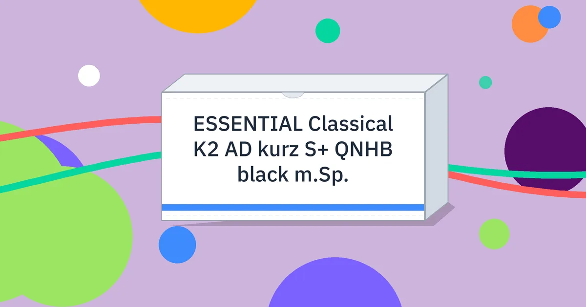 Symbolbild: Packung mit der Aufschrift ESSENTIAL Classical K2 AD kurz S+ QNHB black m.Sp. (PZN 18872605) – Verfügbarkeit und Bezug in Apotheken in Frankfurt am Main
