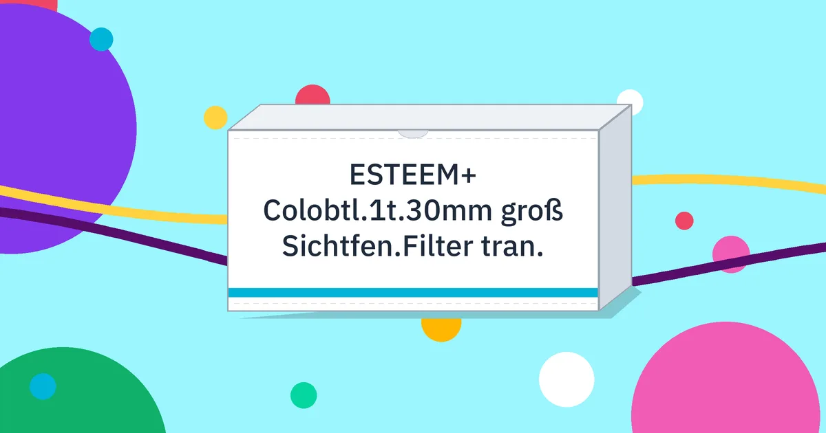 Symbolbild: Packung mit der Aufschrift ESTEEM+ Colobtl.1t.30mm groß Sichtfen.Filter tran. (PZN 13233208) – Verfügbarkeit und Bezug in Apotheken in Frankfurt am Main
