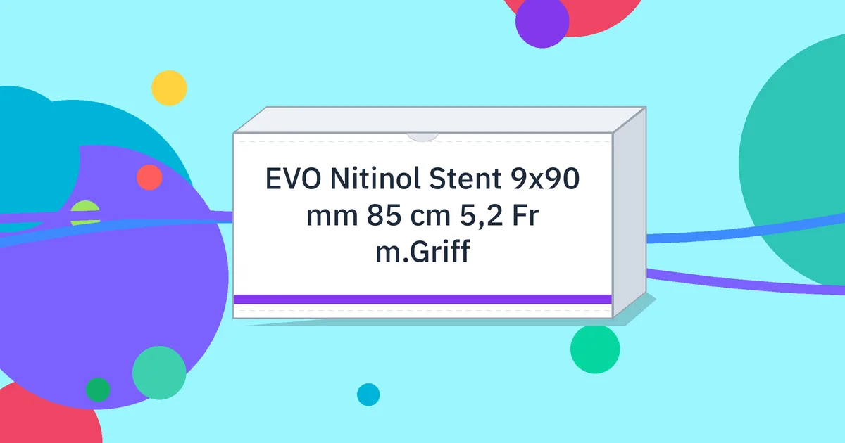 Symbolbild: Packung mit der Aufschrift EVO Nitinol Stent 9x90 mm 85 cm 5,2 Fr m.Griff (PZN 00223467) – Verfügbarkeit und Bezug in Apotheken in Frankfurt am Main