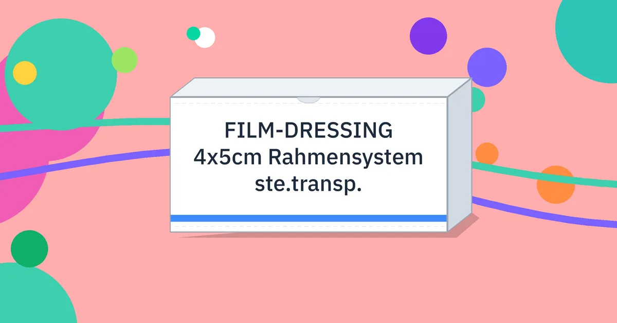 Symbolbild: Packung mit der Aufschrift FILM-DRESSING 4x5cm Rahmensystem ste.transp. (PZN 20010420) – Verfügbarkeit und Bezug in Apotheken in Frankfurt am Main