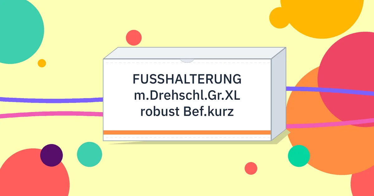 Symbolbild: Packung mit der Aufschrift FUSSHALTERUNG m.Drehschl.Gr.XL robust Bef.kurz (PZN 14297759) – Verfügbarkeit und Bezug in Apotheken in Frankfurt am Main