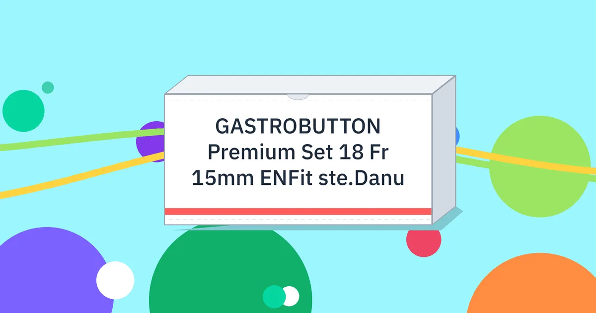 Symbolbild: Packung mit der Aufschrift GASTROBUTTON Premium Set 18 Fr 15mm ENFit ste.Danu (PZN 16883763) – Verfügbarkeit und Bezug in Apotheken in Frankfurt am Main