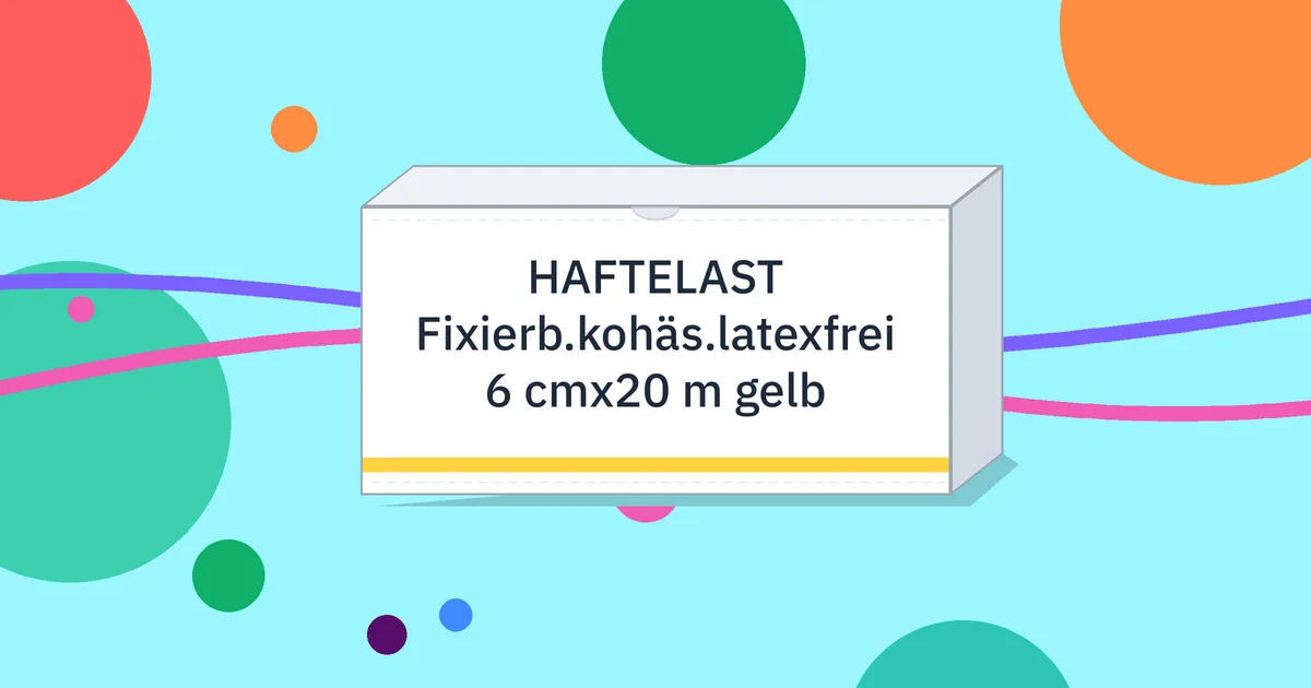 Symbolbild: Packung mit der Aufschrift HAFTELAST Fixierb.kohäs.latexfrei 6 cmx20 m gelb (PZN 15998317) – Verfügbarkeit und Bezug in Apotheken in Frankfurt am Main