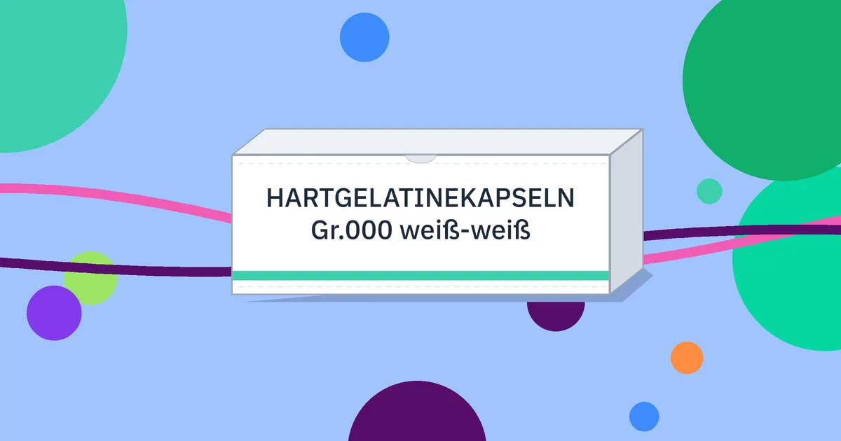 Symbolbild: Packung mit der Aufschrift HARTGELATINEKAPSELN Gr.000 weiß-weiß (PZN 19397282) – Verfügbarkeit und Bezug in Apotheken in Frankfurt am Main