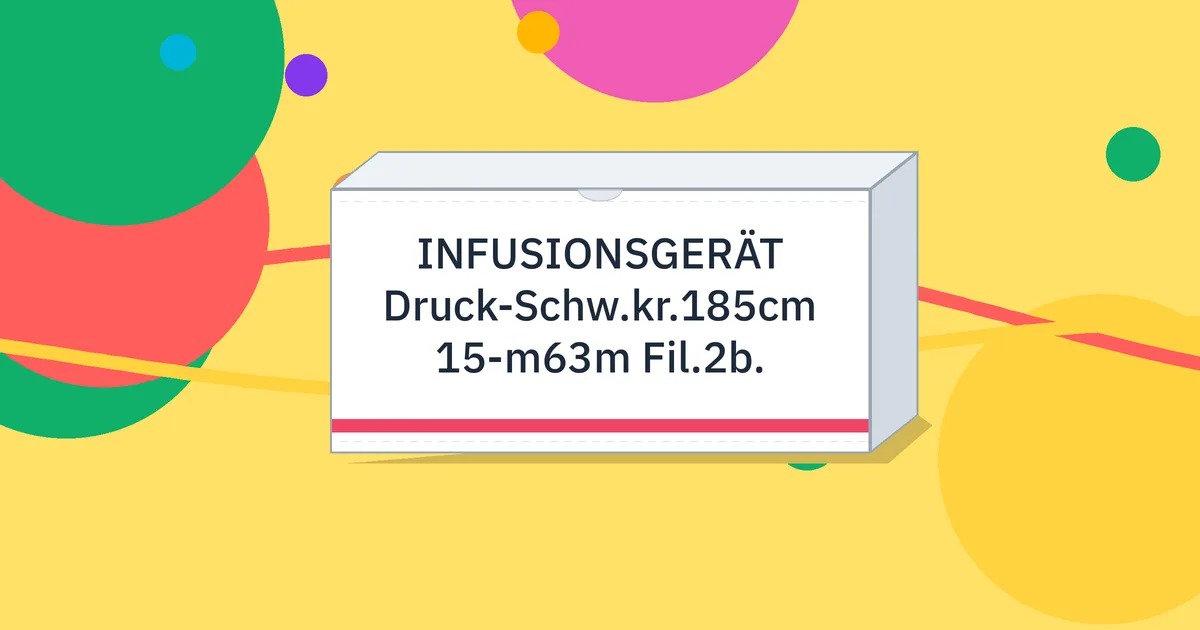 Symbolbild: Packung mit der Aufschrift INFUSIONSGERÄT Druck-Schw.kr.185cm 15-m63m Fil.2b. (PZN 17395178) – Verfügbarkeit und Bezug in Apotheken in Frankfurt am Main