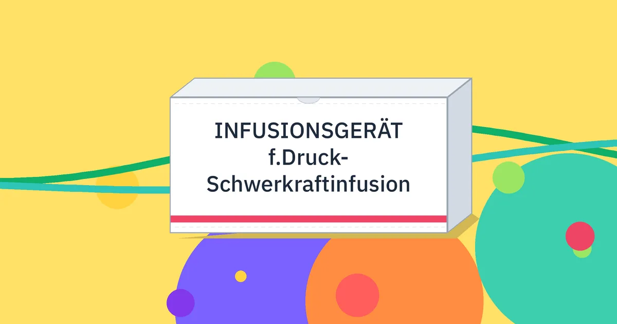 Symbolbild: Packung mit der Aufschrift INFUSIONSGERÄT f.Druck-Schwerkraftinfusion (PZN 10033489) – Verfügbarkeit und Bezug in Apotheken in Frankfurt am Main