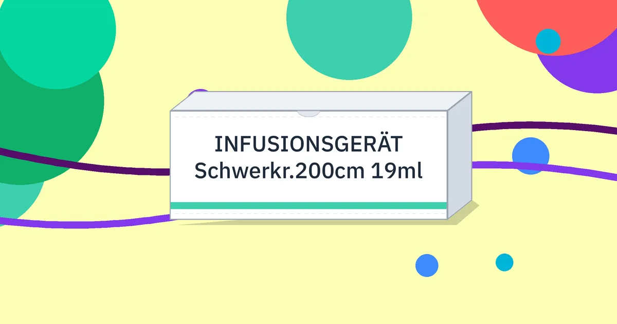 Symbolbild: Packung mit der Aufschrift INFUSIONSGERÄT Schwerkr.200cm 19ml (PZN 18469312) – Verfügbarkeit und Bezug in Apotheken in Frankfurt am Main