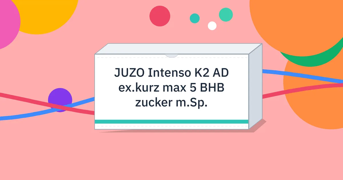 Symbolbild: Packung mit der Aufschrift JUZO Intenso K2 AD ex.kurz max 5 BHB zucker m.Sp. (PZN 18613677) – Verfügbarkeit und Bezug in Apotheken in Frankfurt am Main