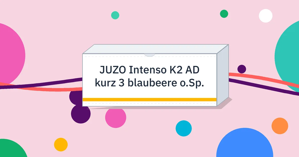Symbolbild: Packung mit der Aufschrift JUZO Intenso K2 AD kurz 3 blaubeere o.Sp. (PZN 18618083) – Verfügbarkeit und Bezug in Apotheken in Frankfurt am Main